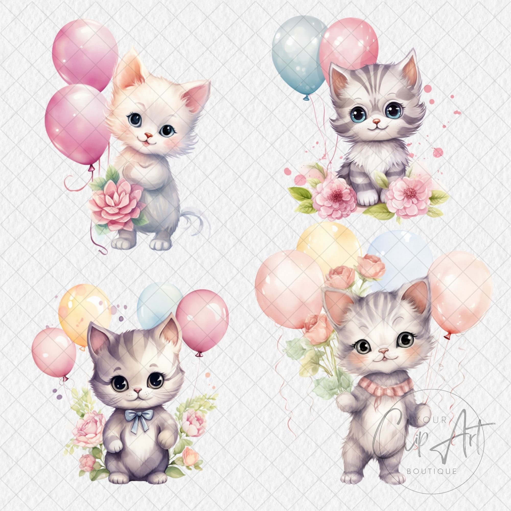 Adorable Kitten With Balloons Watercolor Clipart Bundle35 - Etsy