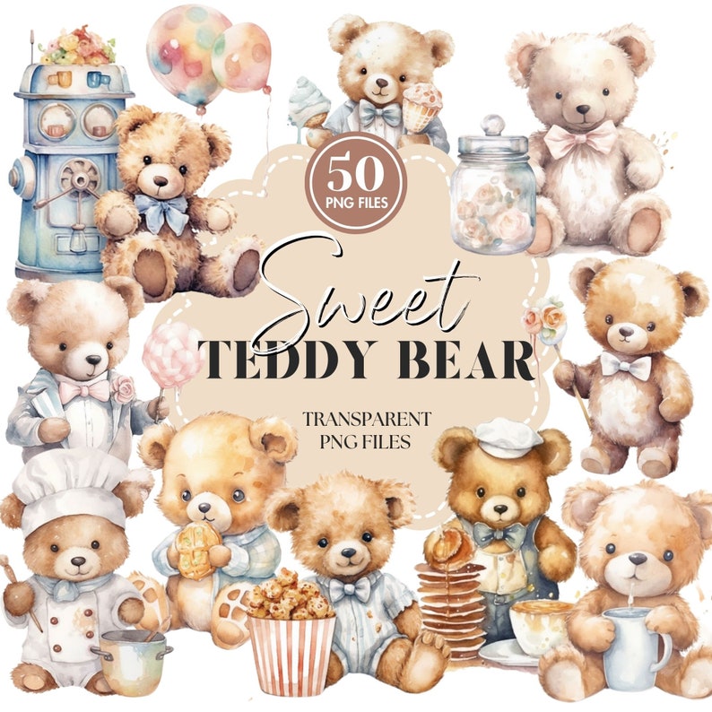 Watercolor Teddy Bear Clip Art Sweet Baby Shower Graphics Nursery Wall ...
