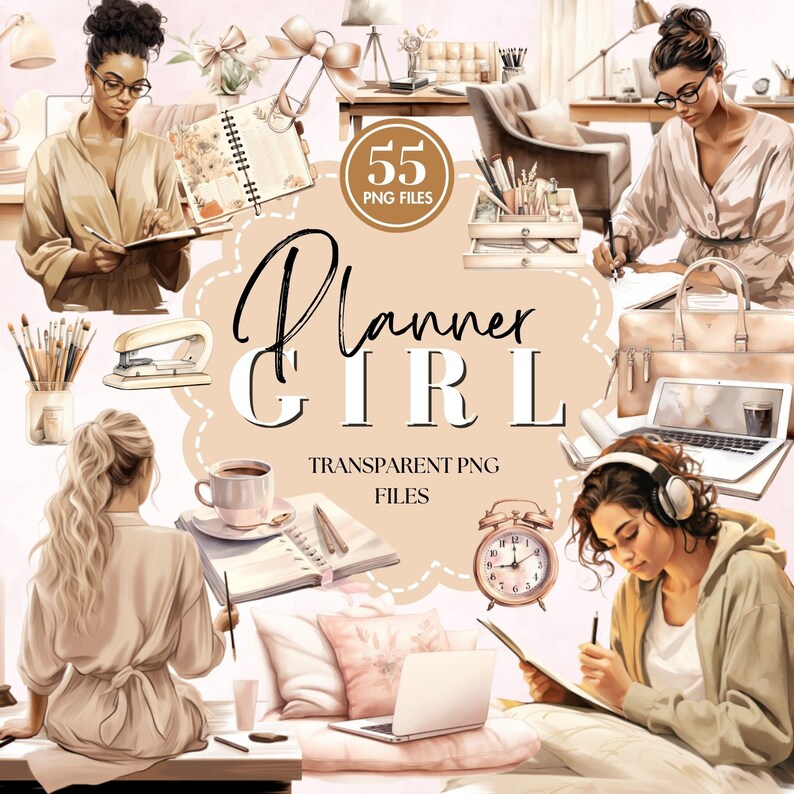 Watercolor Planner Girl Clipart PNG Bundle for Cozy Planning Digital ...