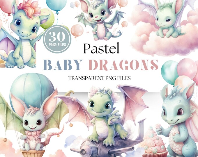 Cute Watercolor Baby Dragon Clipart, Pastel Baby Dragons PNG, Cute ...