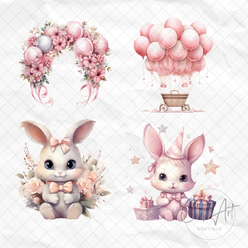 Cute Pink Bunny Clipart Bundle Watercolor Rabbit Illustration Kawaii ...