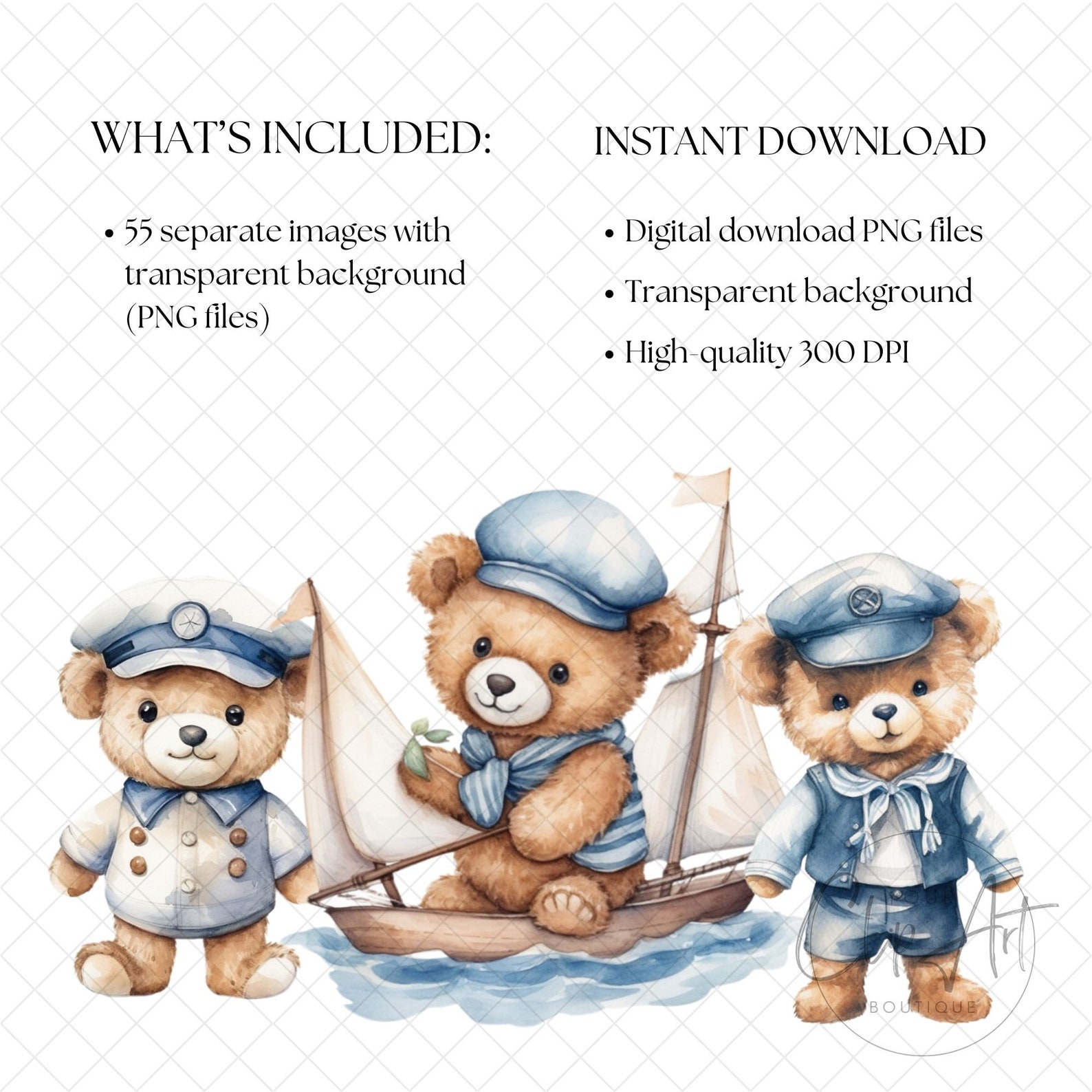Cute Sailor Teddy Bear Clipart Nautical Nursery Decor Ocean Theme Baby ...