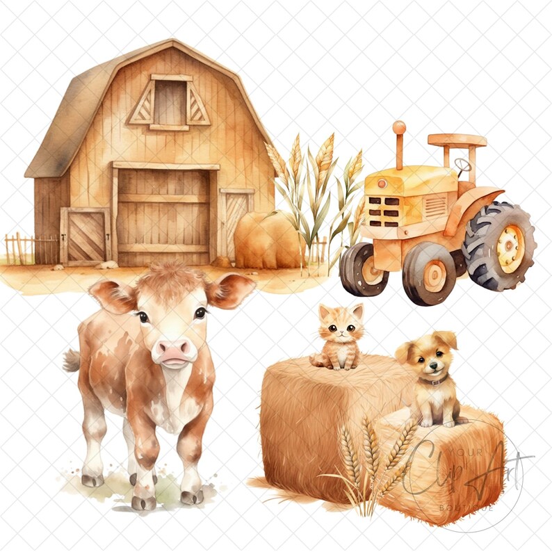 Watercolor Farm Clipart Cute Animal Illustrations Barnyard Nursery ...