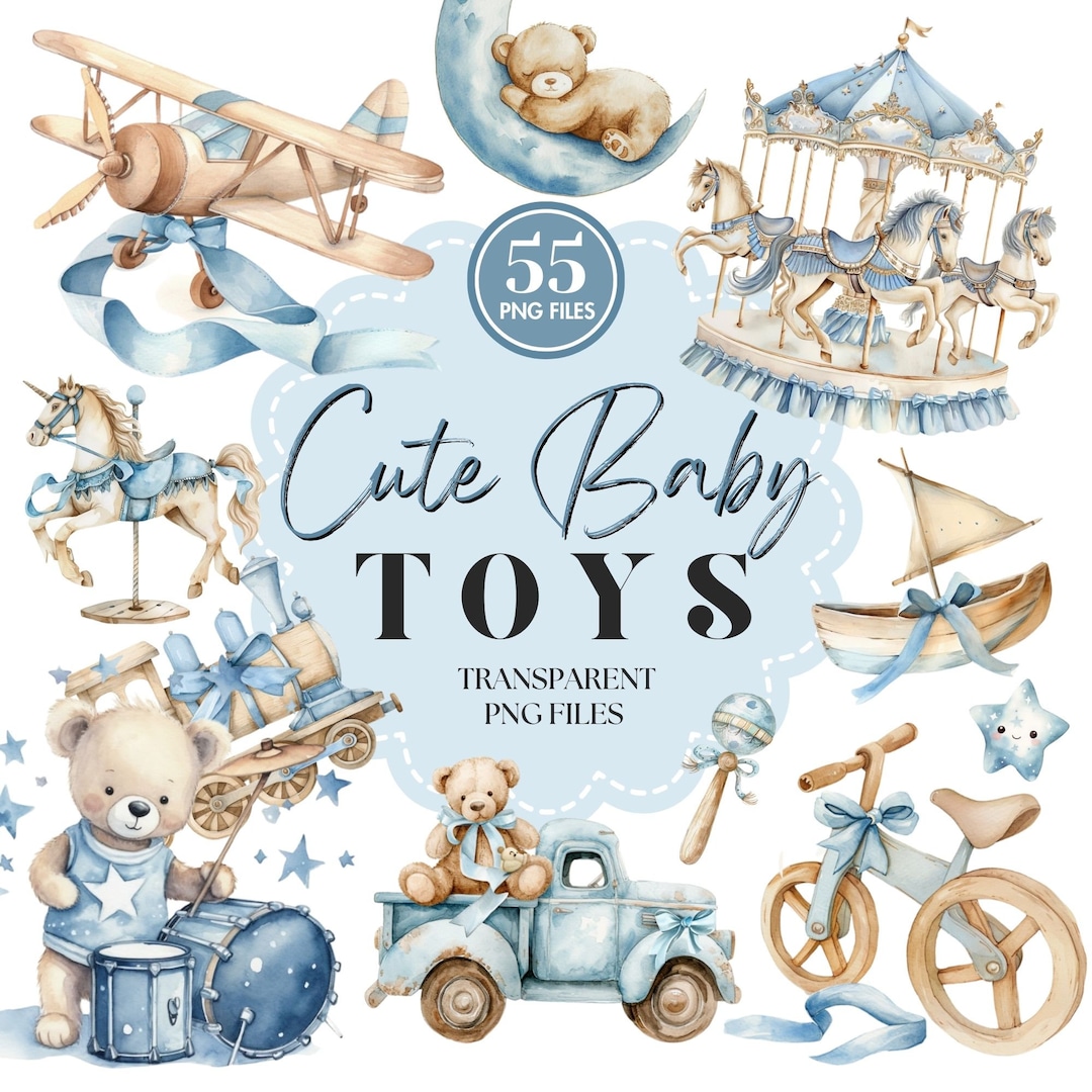 Newborn Boy Watercolor Clipart Nursery Teddy Bear Art Baby Toys Wall ...