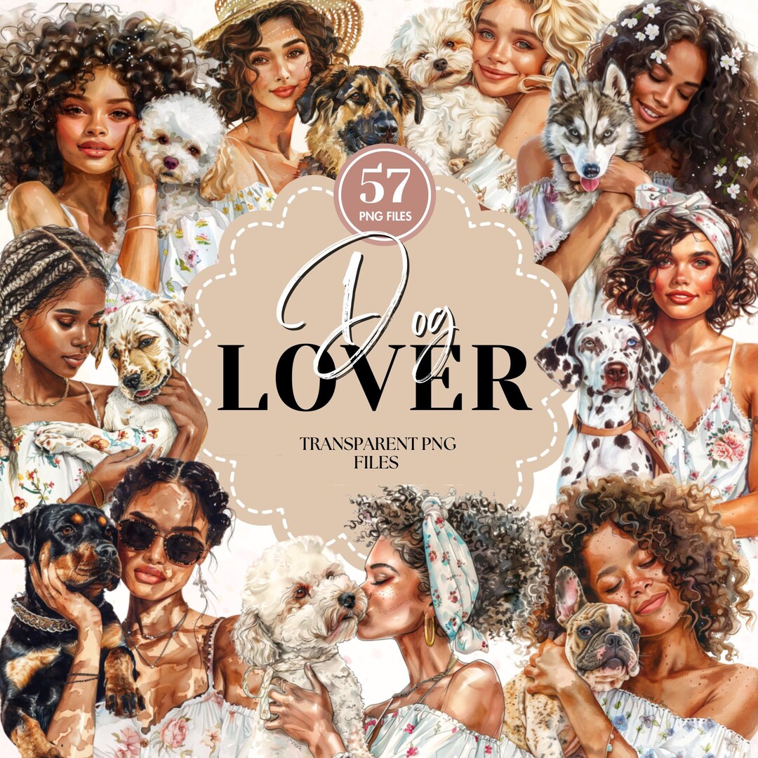 Watercolor Dog Lover Clipart Cute Girls & Puppy Graphics Dog Breeds PNG ...