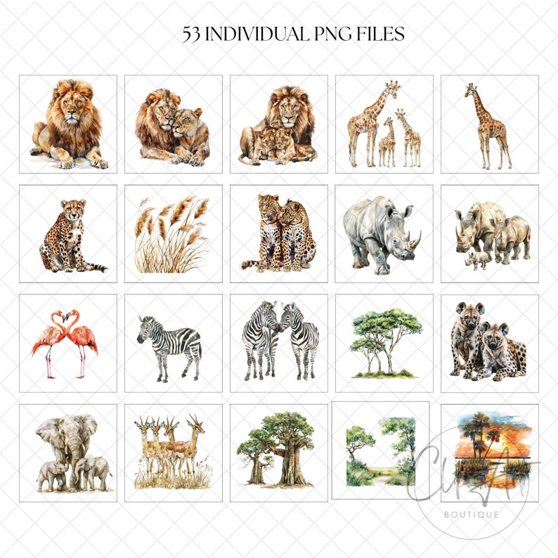 Safari Animals Clipart Bundle Watercolor Jungle Family PNG Home Decor ...