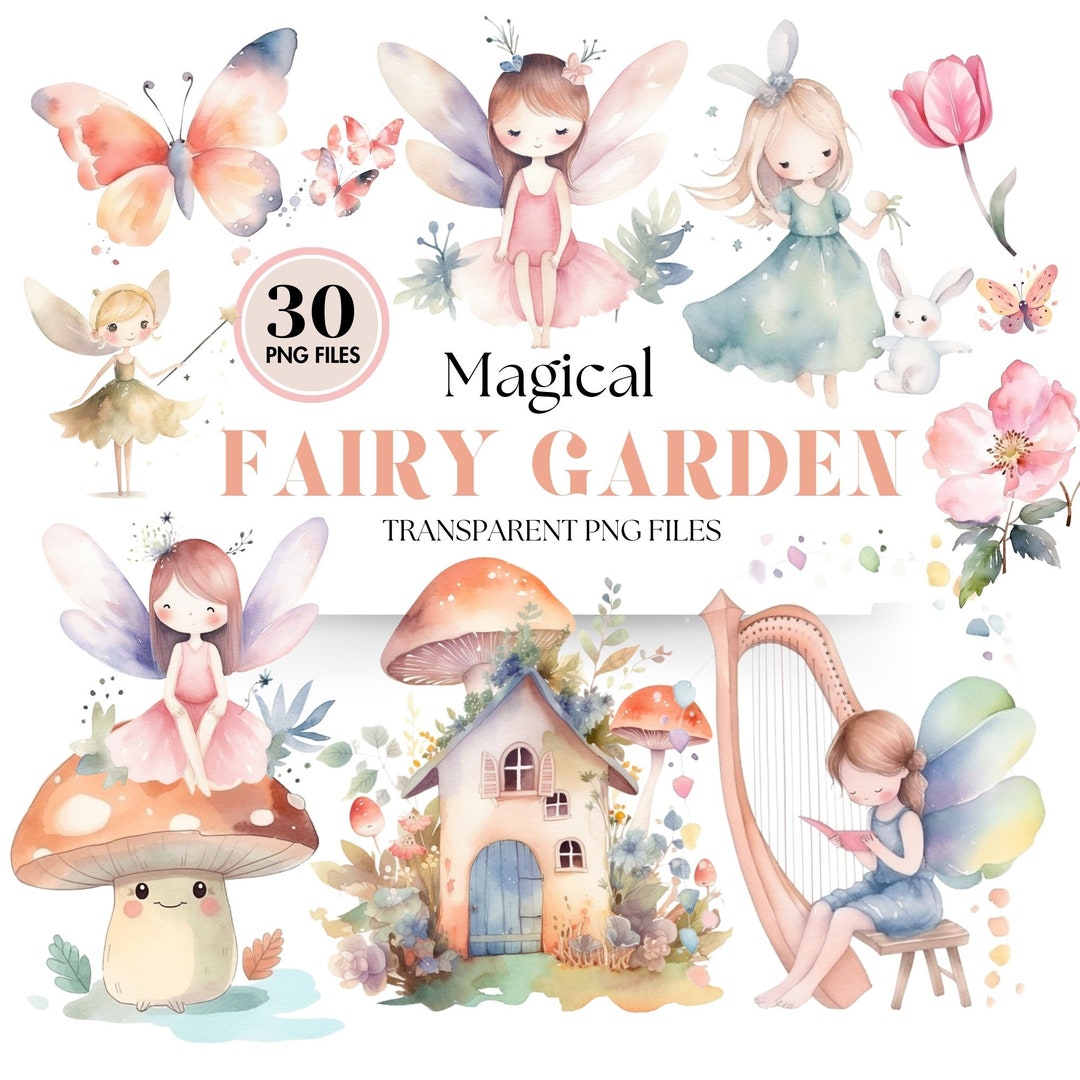 Adorable Fairy Garden Watercolor Clip Art Enchanted Garden, Nursery Clipart, Magical Fairy ...