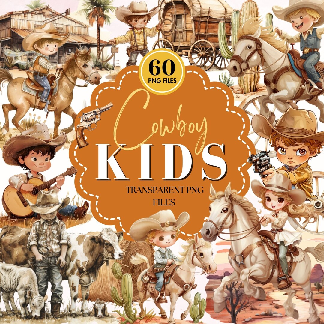 Cute Cowboy Kids Clipart Set Wild West Graphics Western Nursery Wall ...