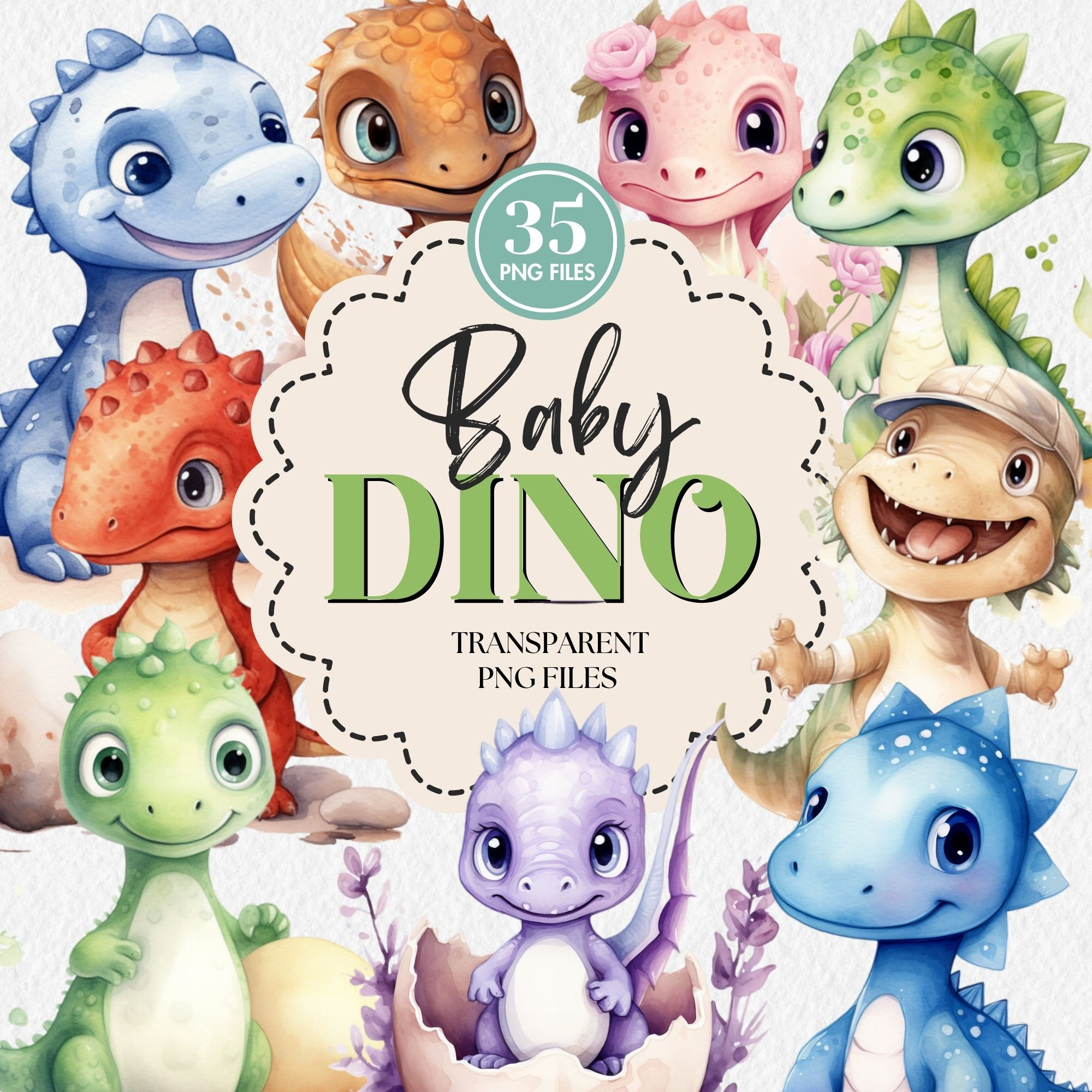 Watercolor Cute Dino Clipart Bundle, 35 Baby Nursery Decor ...
