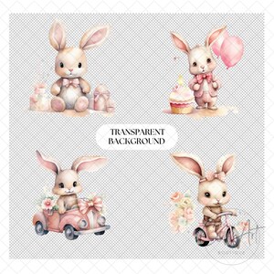 Cute Pink Watercolor Bunny Clipart Bundle, Nursery Decor PNG, High ...