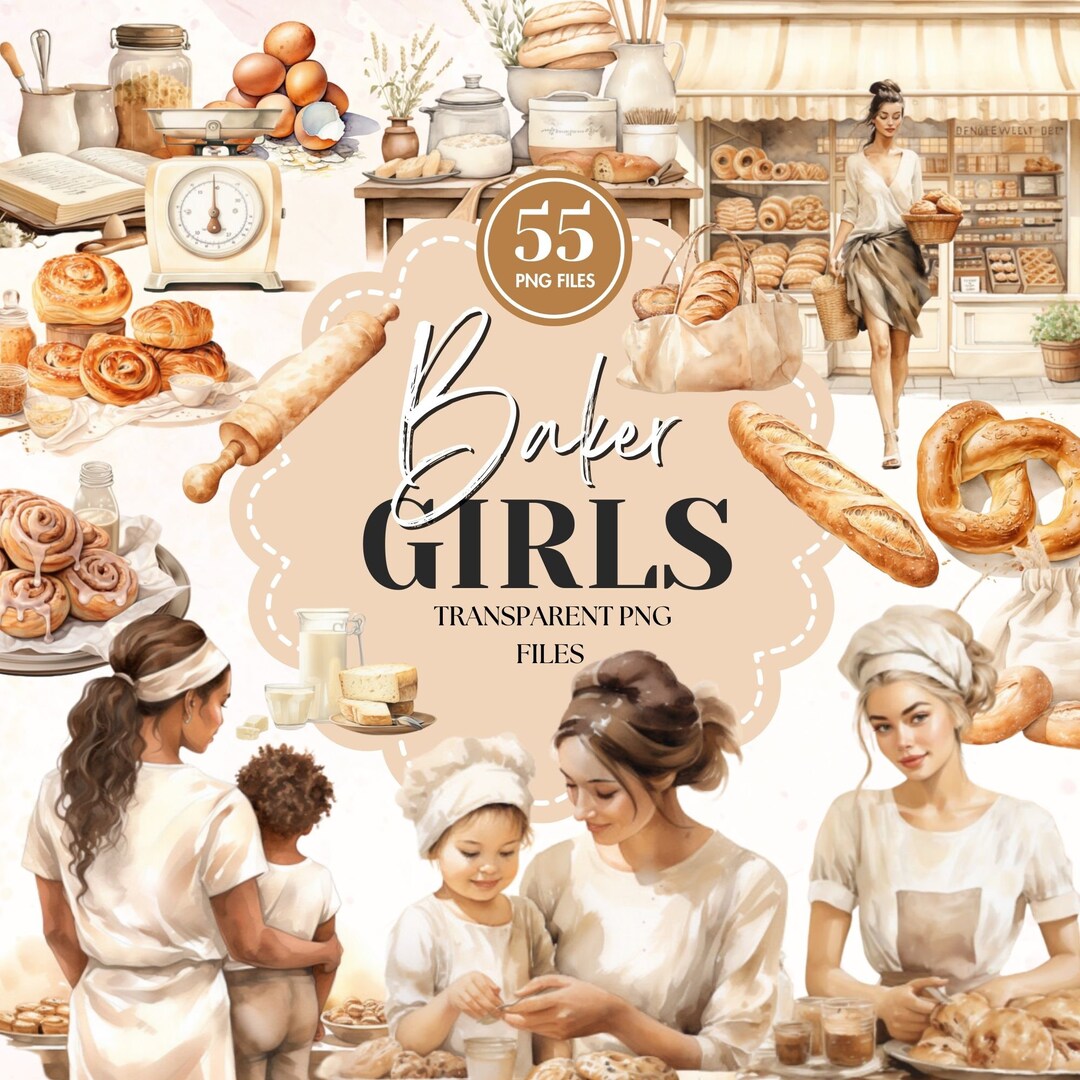 Watercolor Bakery Clipart Set Girls & Sourdough Baking Graphics ...