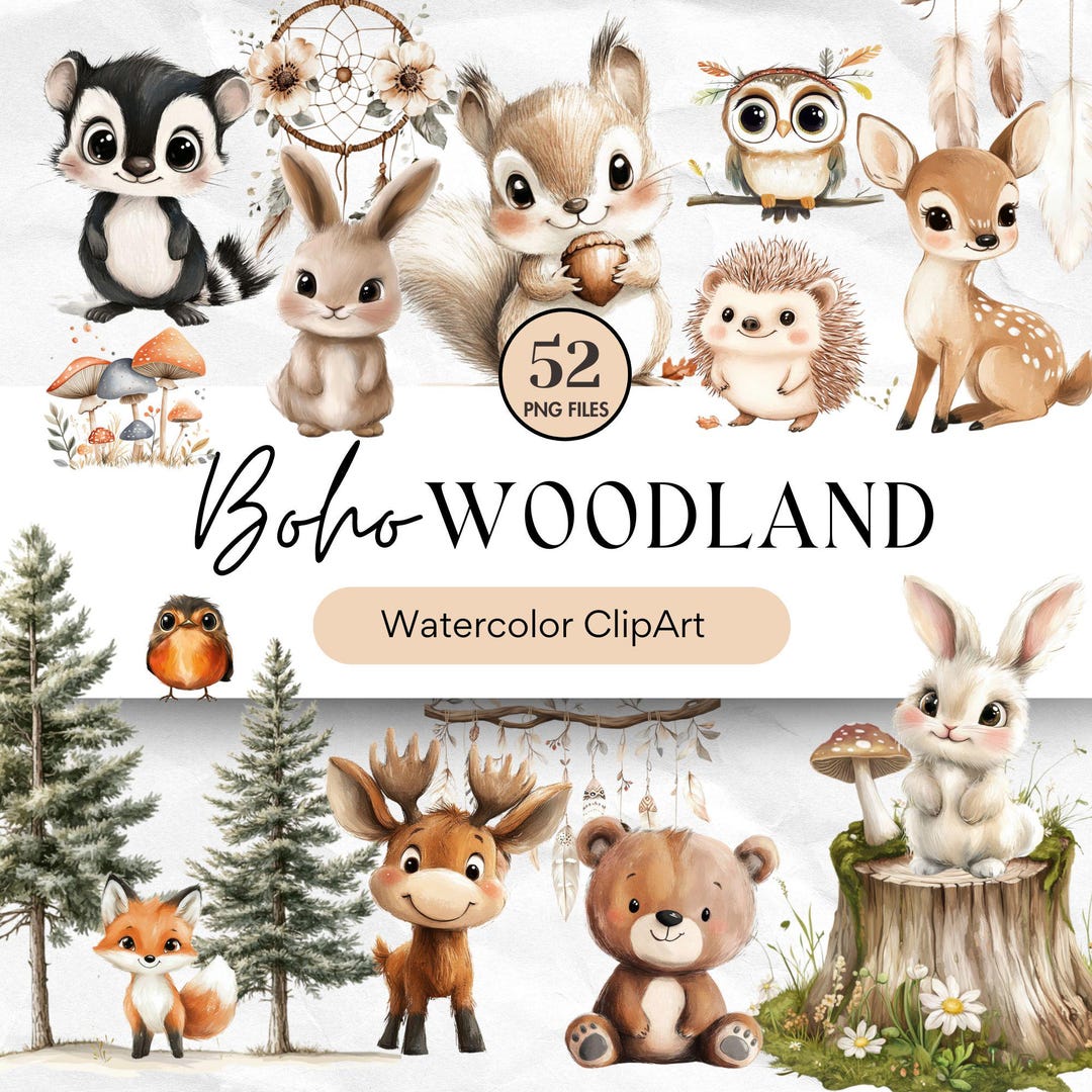Woodland Boho Watercolor Clipart Bundle Cute Forest Baby Animals PNG ...