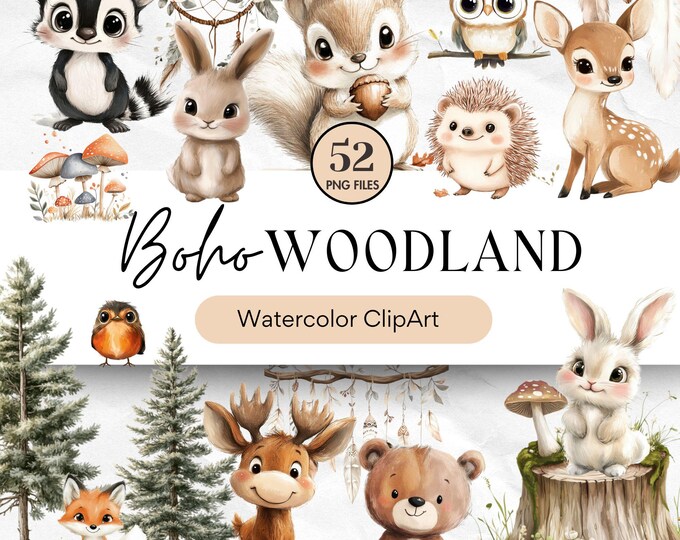 Woodland Boho Watercolor Clipart Bundle Cute Forest Baby Animals PNG ...