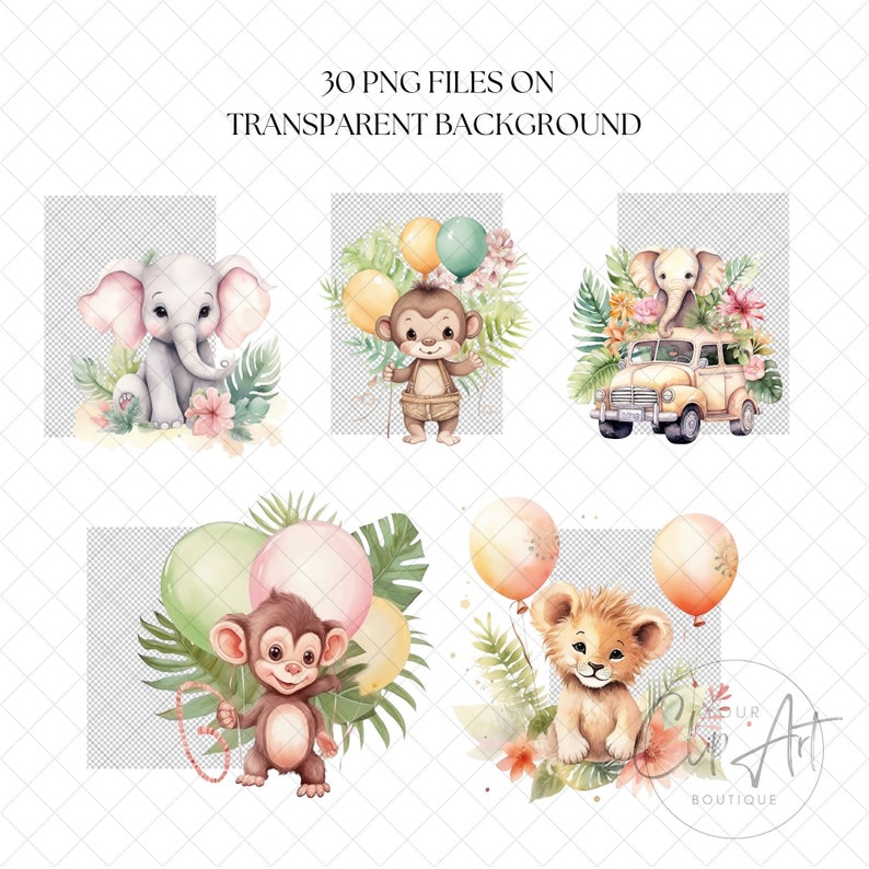 Adorable Watercolor Safari Baby Jungle Animals, Safari Clipart, Boho ...