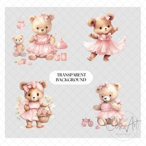 Sweet Baby Girl Teddy Bear Clipart Bundle Watercolor Baby Shower ...
