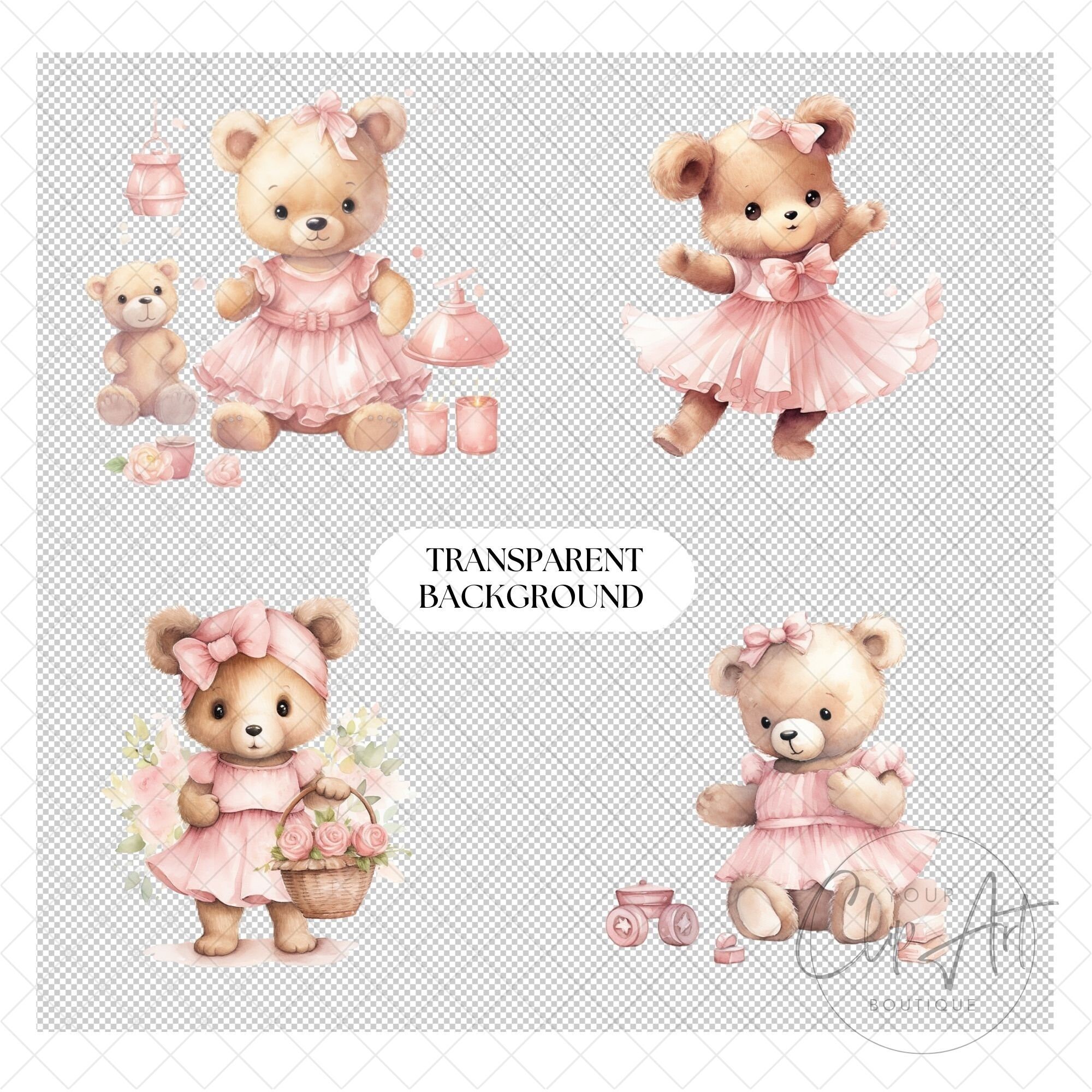 Sweet Baby Girl Teddy Bear Clipart Bundle Watercolor Baby Shower ...