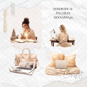 Watercolor Planner Girl Clipart PNG Bundle for Cozy Planning Digital ...