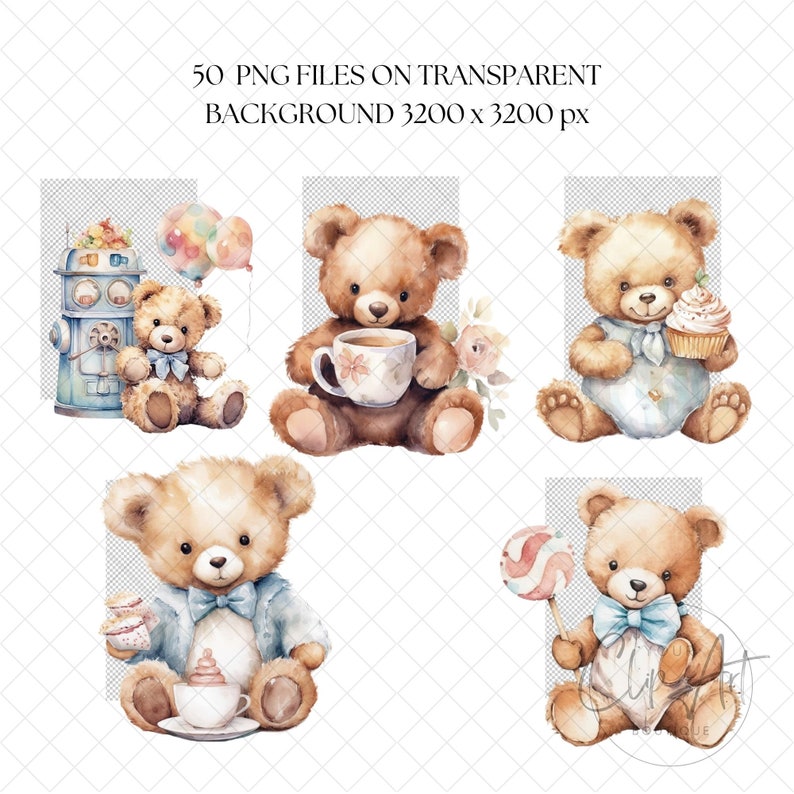 Watercolor Teddy Bear Clip Art Sweet Baby Shower Graphics Nursery Wall ...