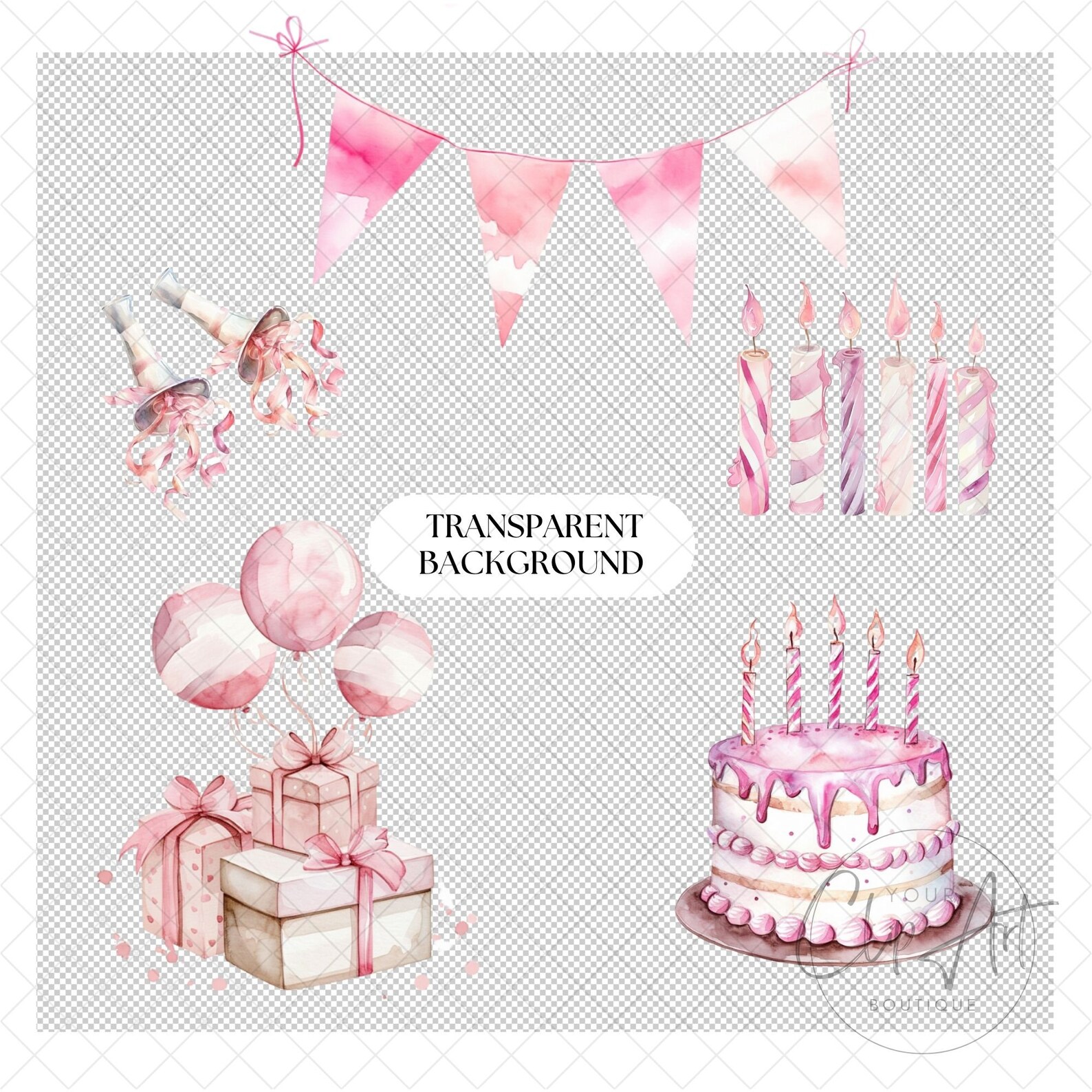 Watercolor Pink Birthday Clipart Cute Girl Party Bundle Decoration ...