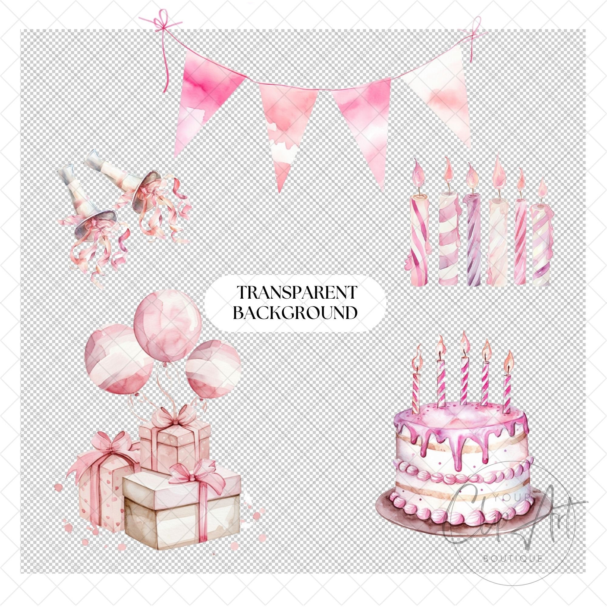 Watercolor Pink Birthday Clipart Cute Girl Party Bundle Decoration ...