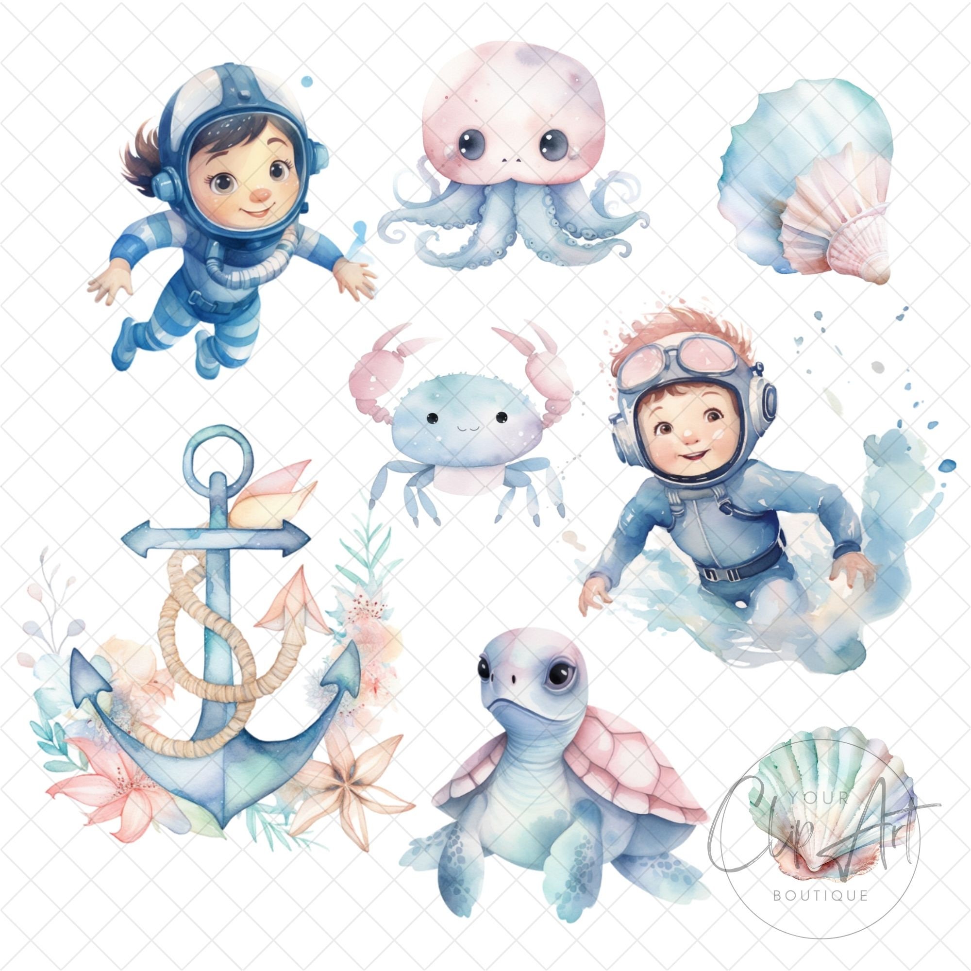 Ocean Animals Watercolor Clipart Set Under the Sea Nursery Decor Bundle ...