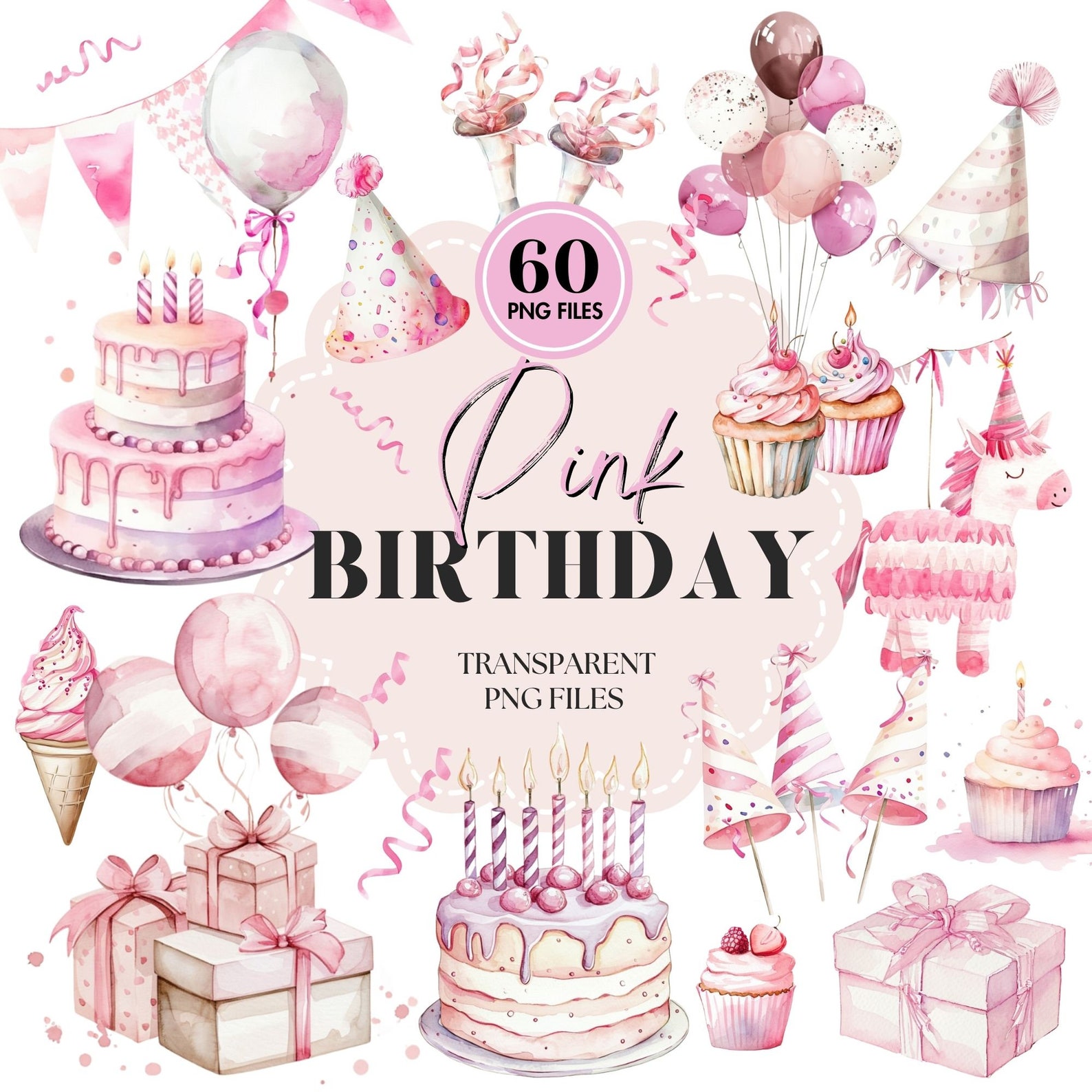 Watercolor Pink Birthday Clipart Cute Girl Party Bundle Decoration ...