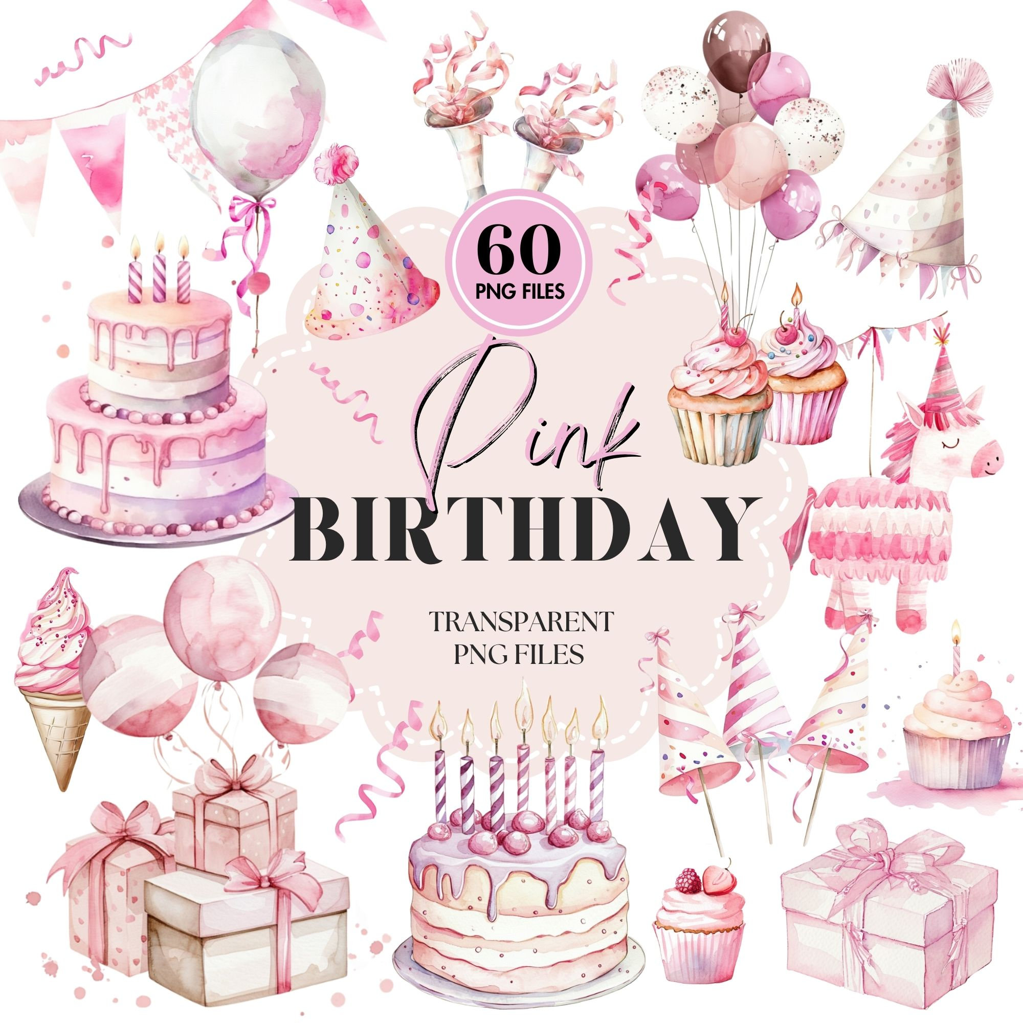 Watercolor Pink Birthday Clipart Cute Girl Party Bundle Decoration ...