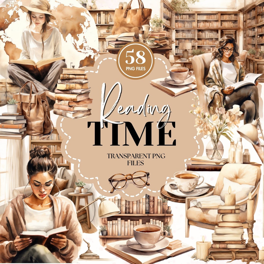 Watercolor Reading Time Clipart Book Lover Digital Stickers Planner ...