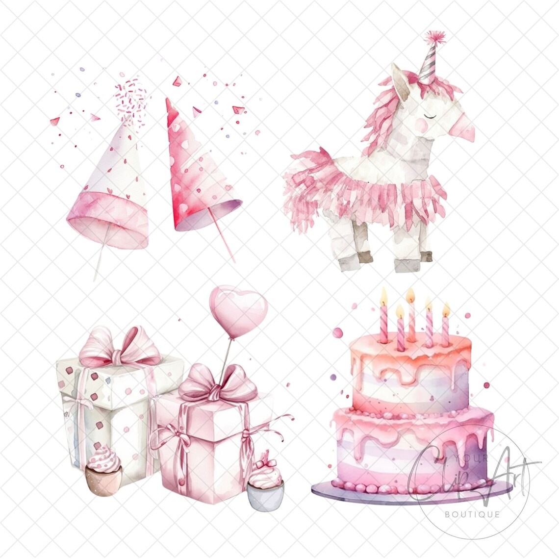 Watercolor Pink Birthday Clipart Cute Girl Party Bundle Decoration ...