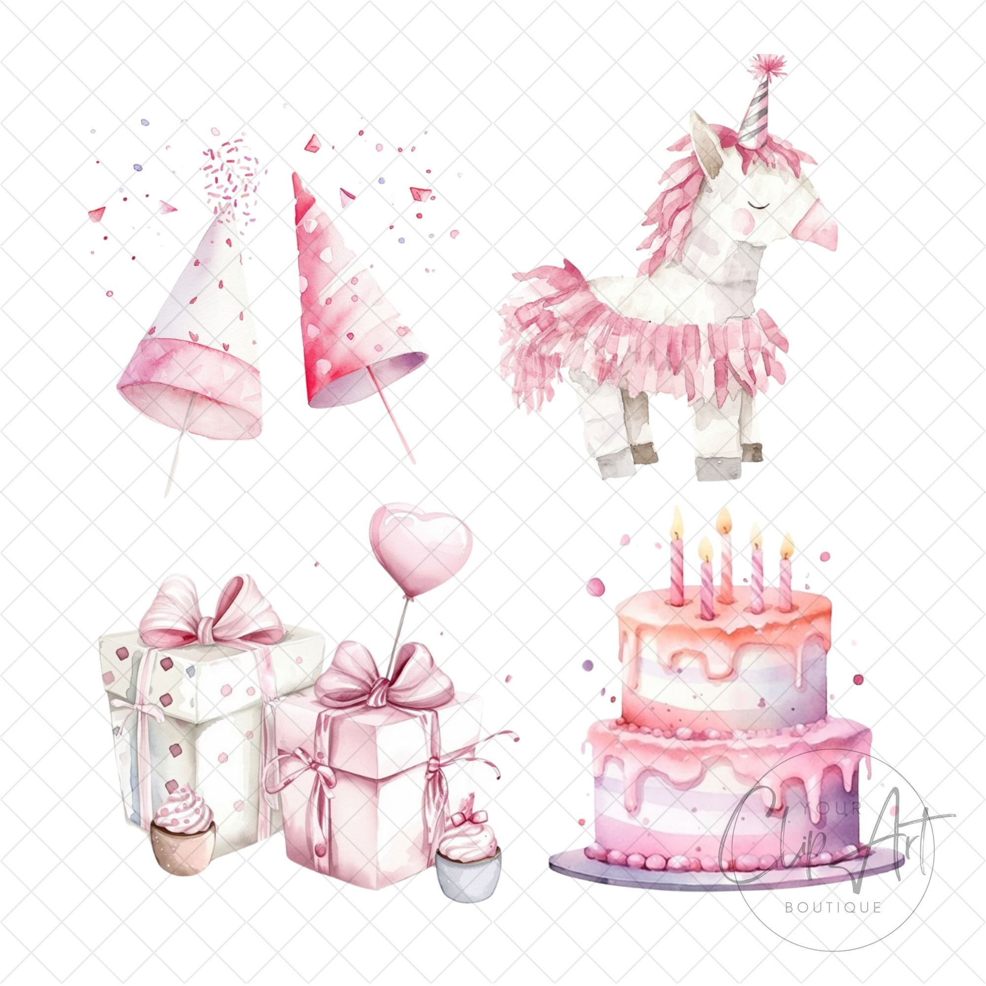 Watercolor Pink Birthday Clipart Cute Girl Party Bundle Decoration ...