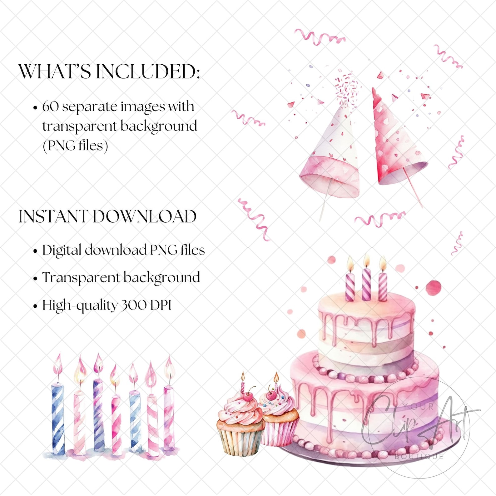 Watercolor Pink Birthday Clipart Cute Girl Party Bundle Decoration ...