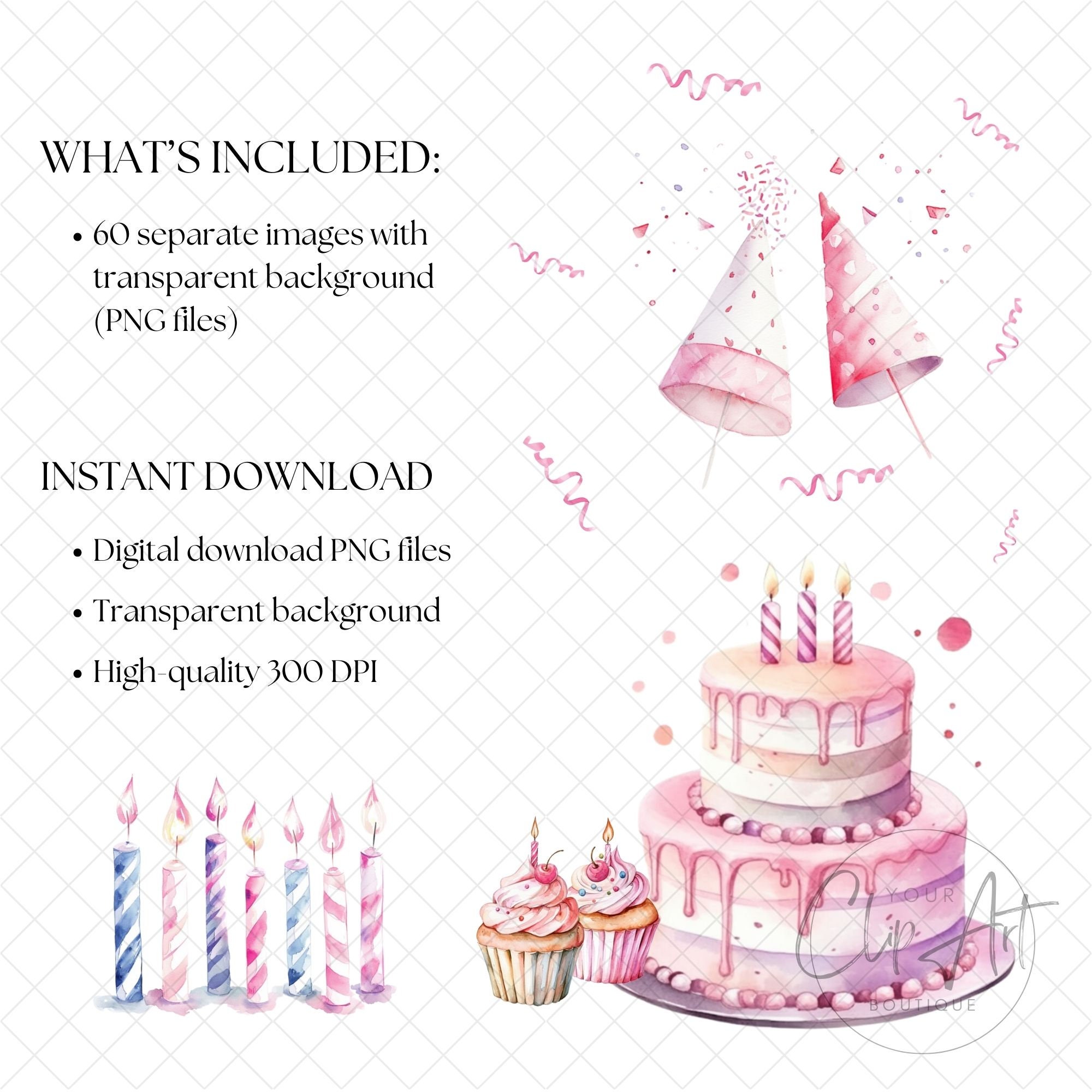 Watercolor Pink Birthday Clipart Cute Girl Party Bundle Decoration ...