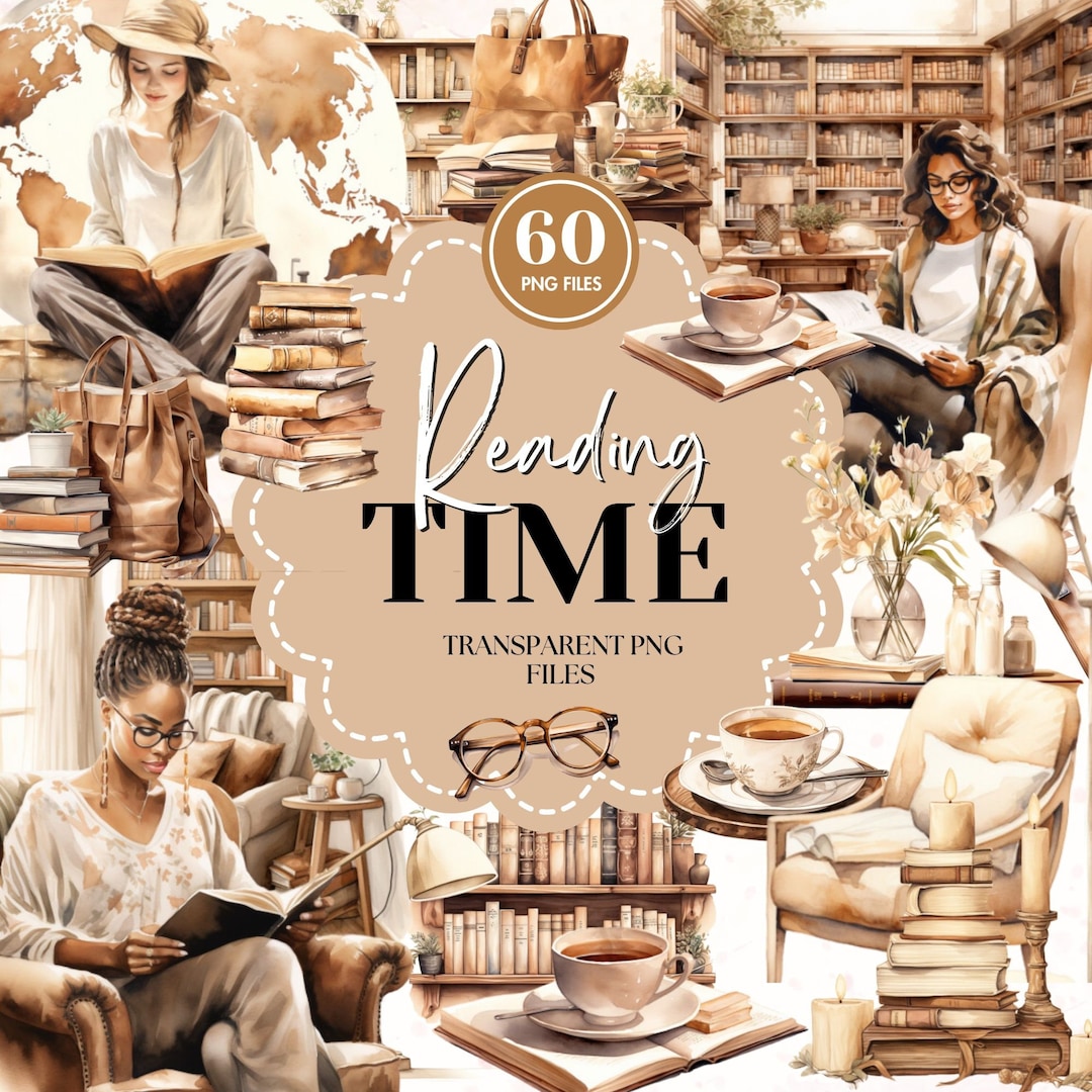 Watercolor Reading Time Clipart Book Lover Digital Stickers Planner ...