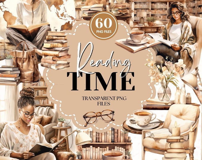 Watercolor Reading Time Clipart Book Lover Digital Stickers Planner ...