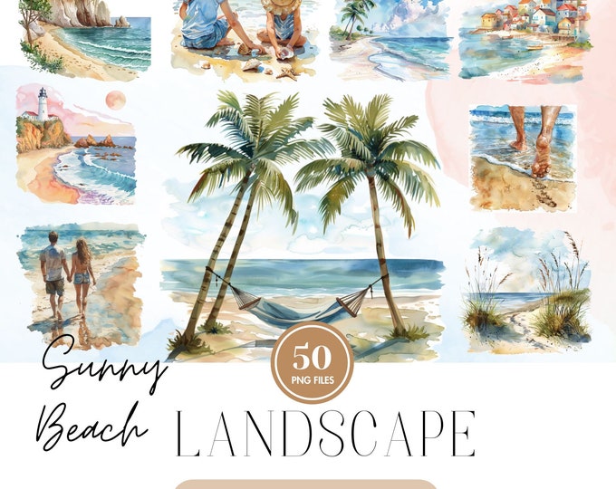 Watercolor Sunny Beach Landscape Tropical Beach Scene Clipart Palm ...