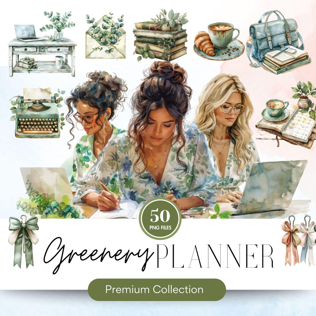 Cozy Green Planer Lover Watercolor Girls Journal Clipart Aesthetic ...