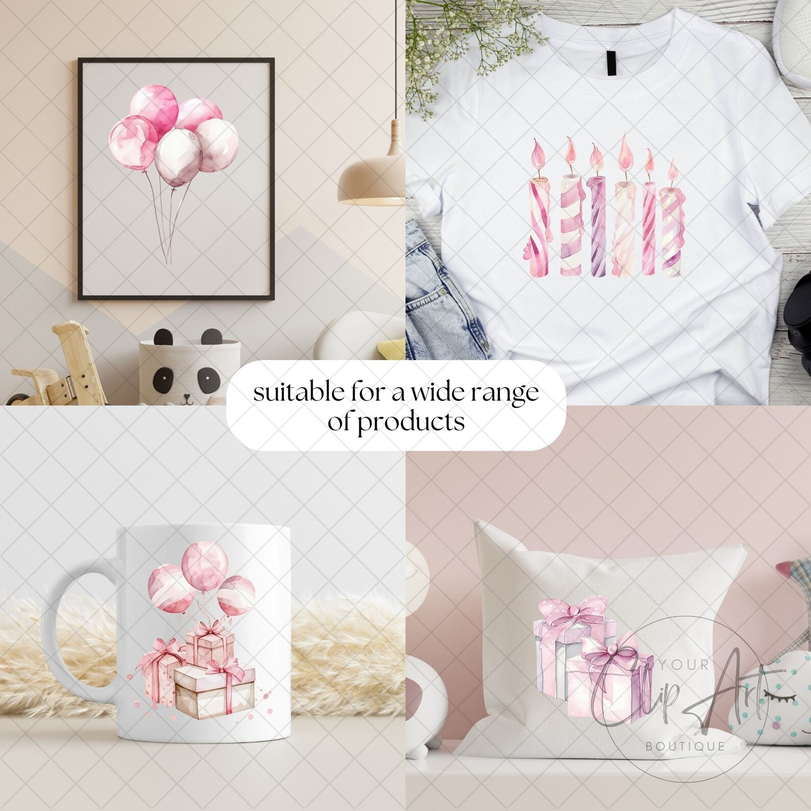 Watercolor Pink Birthday Clipart Cute Girl Party Bundle Decoration ...