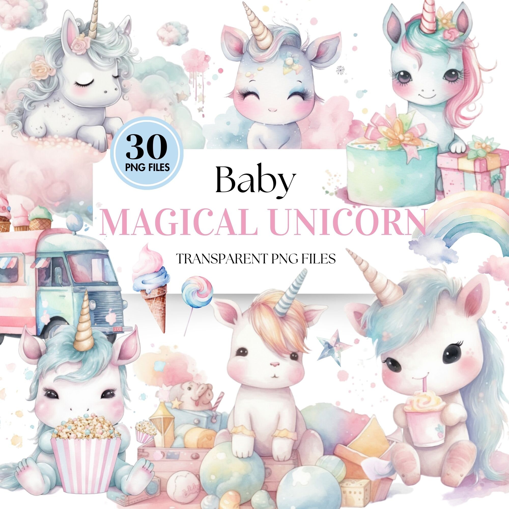 Adorable Watercolor Unicorn Clipart Bundle 30 Baby Nursery ...