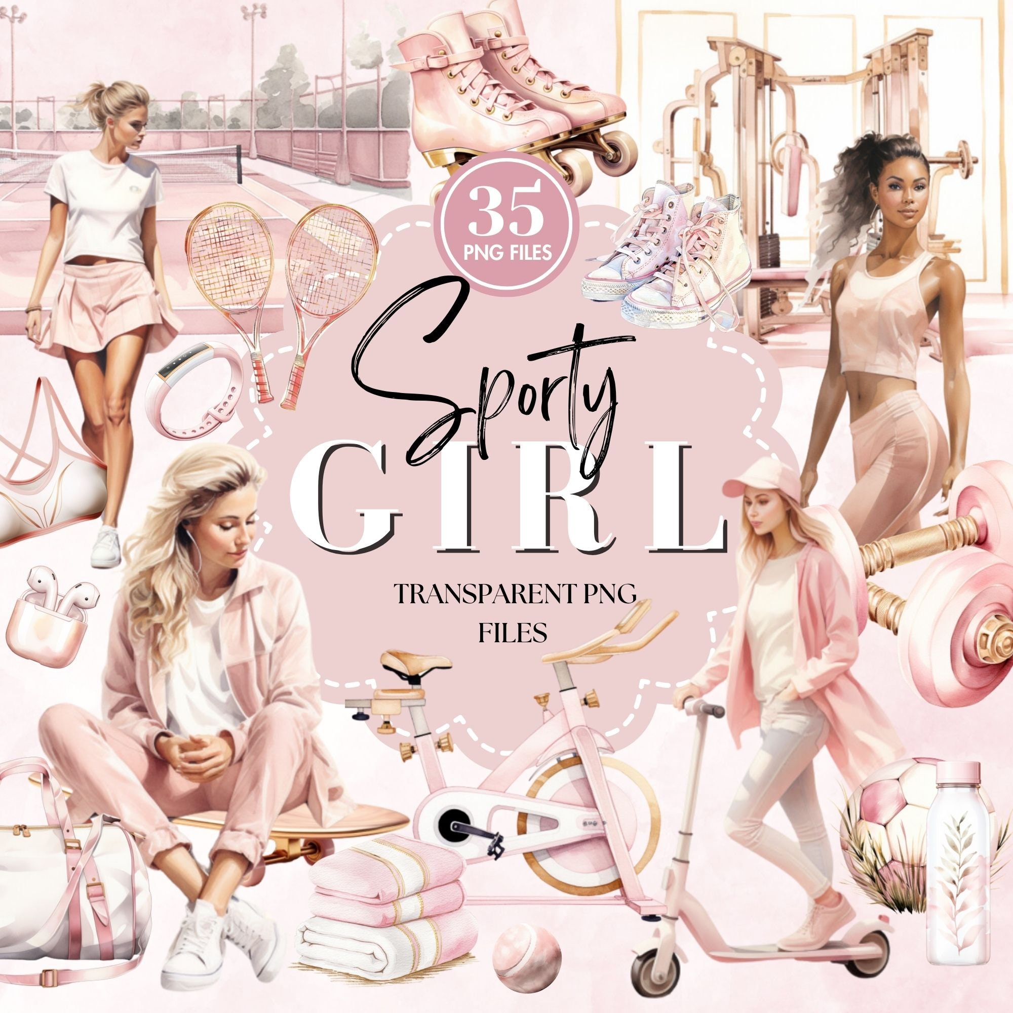 Pink Watercolor Gym Clipart Pack Fitness Illustrations Workout Planner ...