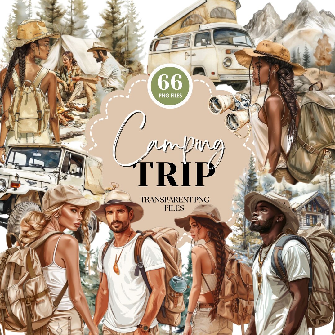 Camping Collection Clipart Watercolor Vacation Girls PNG Mountain ...