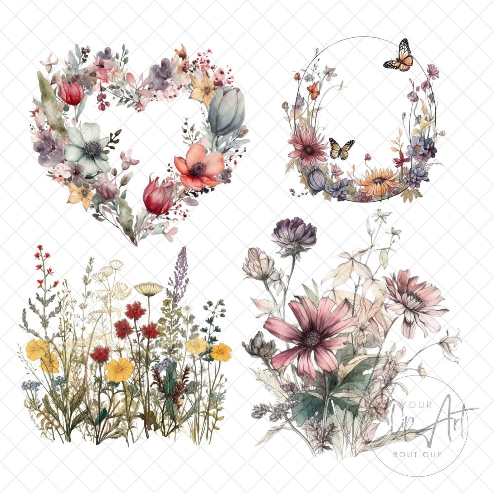 Wild Floral Clipart Vintage Watercolor Borders Botanical Frame Graphics ...