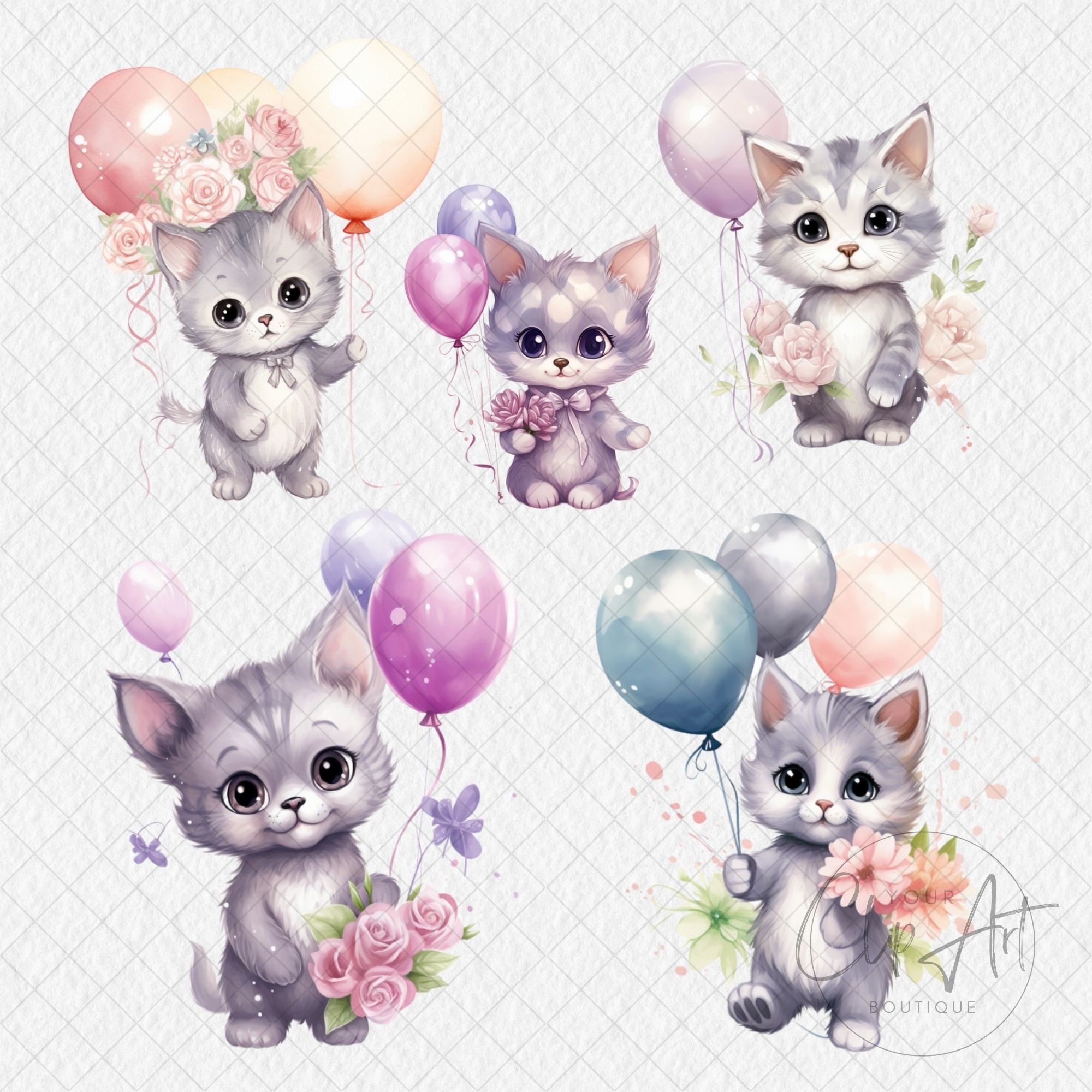 Adorable Kitten With Balloons Watercolor Clipart Bundle35 - Etsy
