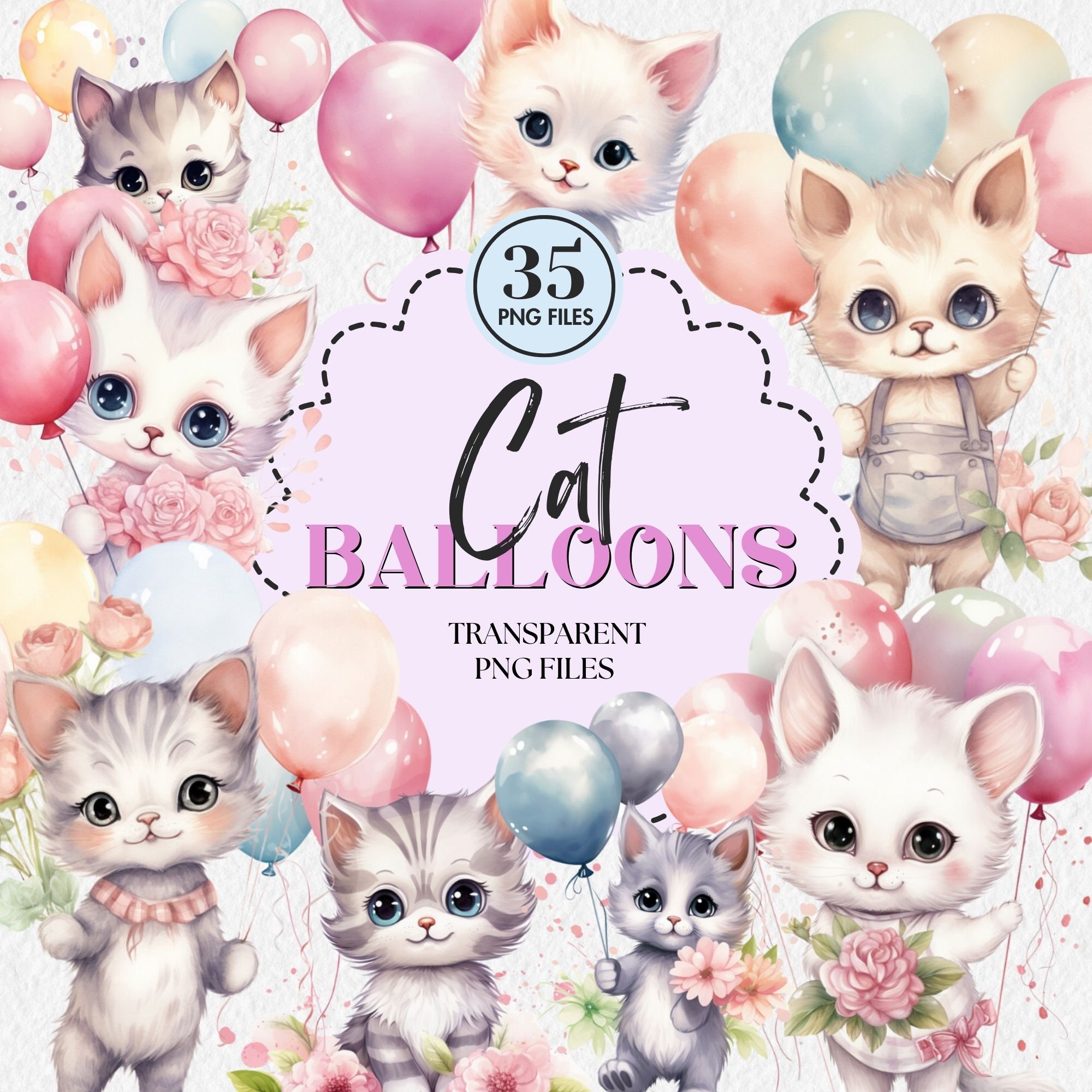 Adorable Kitten With Balloons Watercolor Clipart Bundle35 - Etsy
