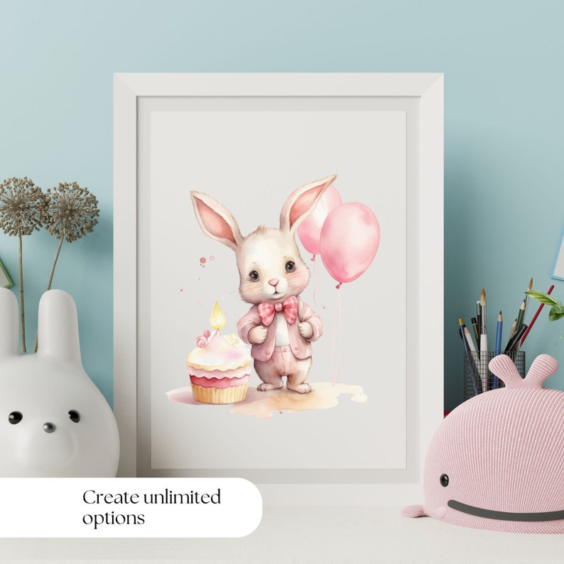Cute Pink Watercolor Bunny Clipart Bundle, Nursery Decor PNG, High ...