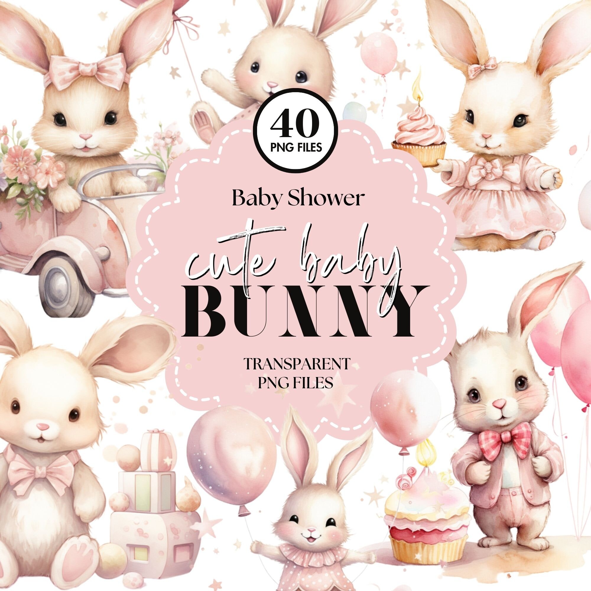 Cute Pink Watercolor Bunny Clipart Bundle, Nursery Decor PNG, High ...