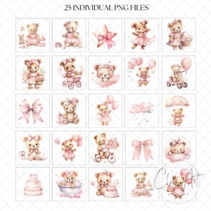 Sweet Baby Girl Teddy Bear Clipart Bundle Watercolor Baby Shower ...