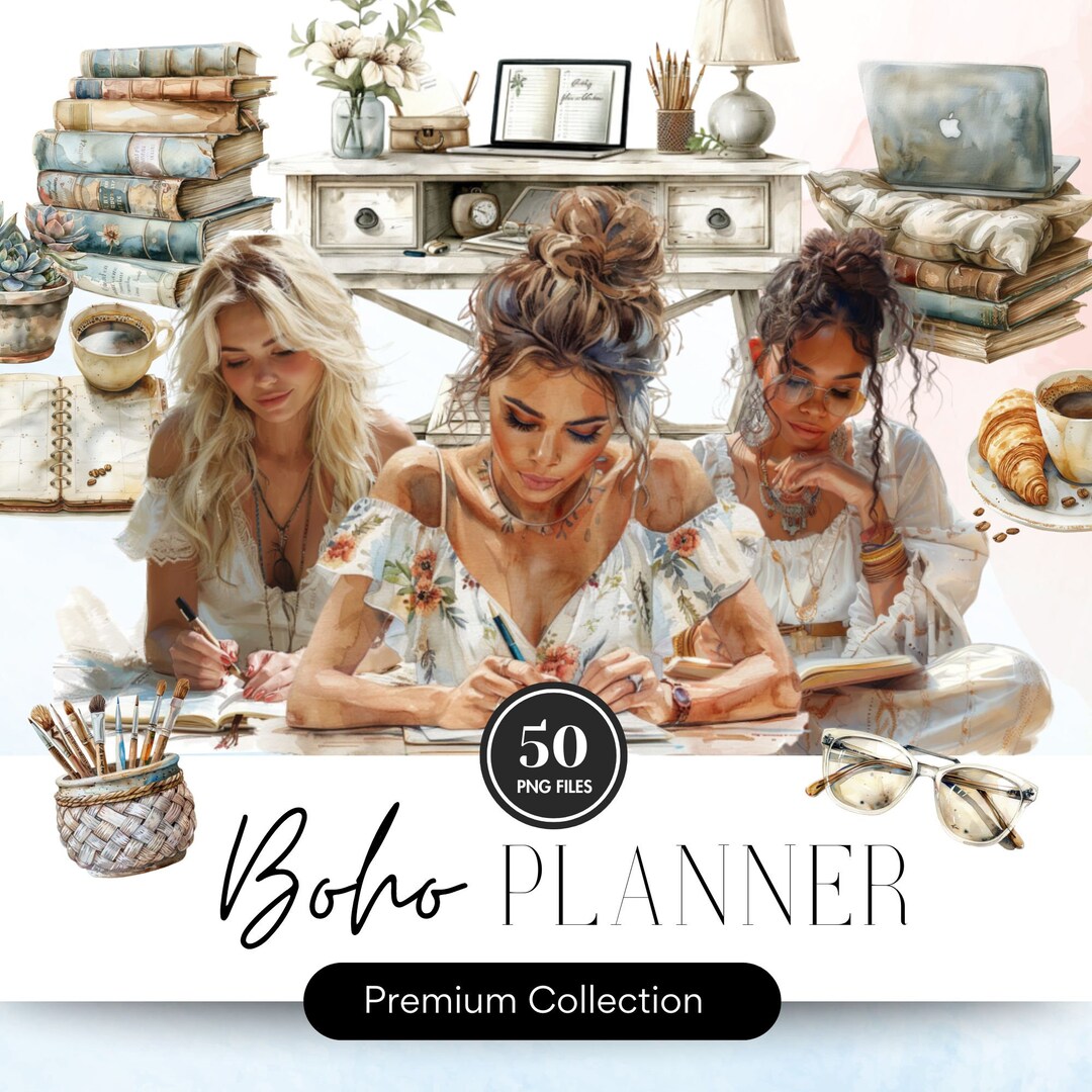 Watercolor Boho Planner Girl Clipart PNG Bundle for Planner Lover ...
