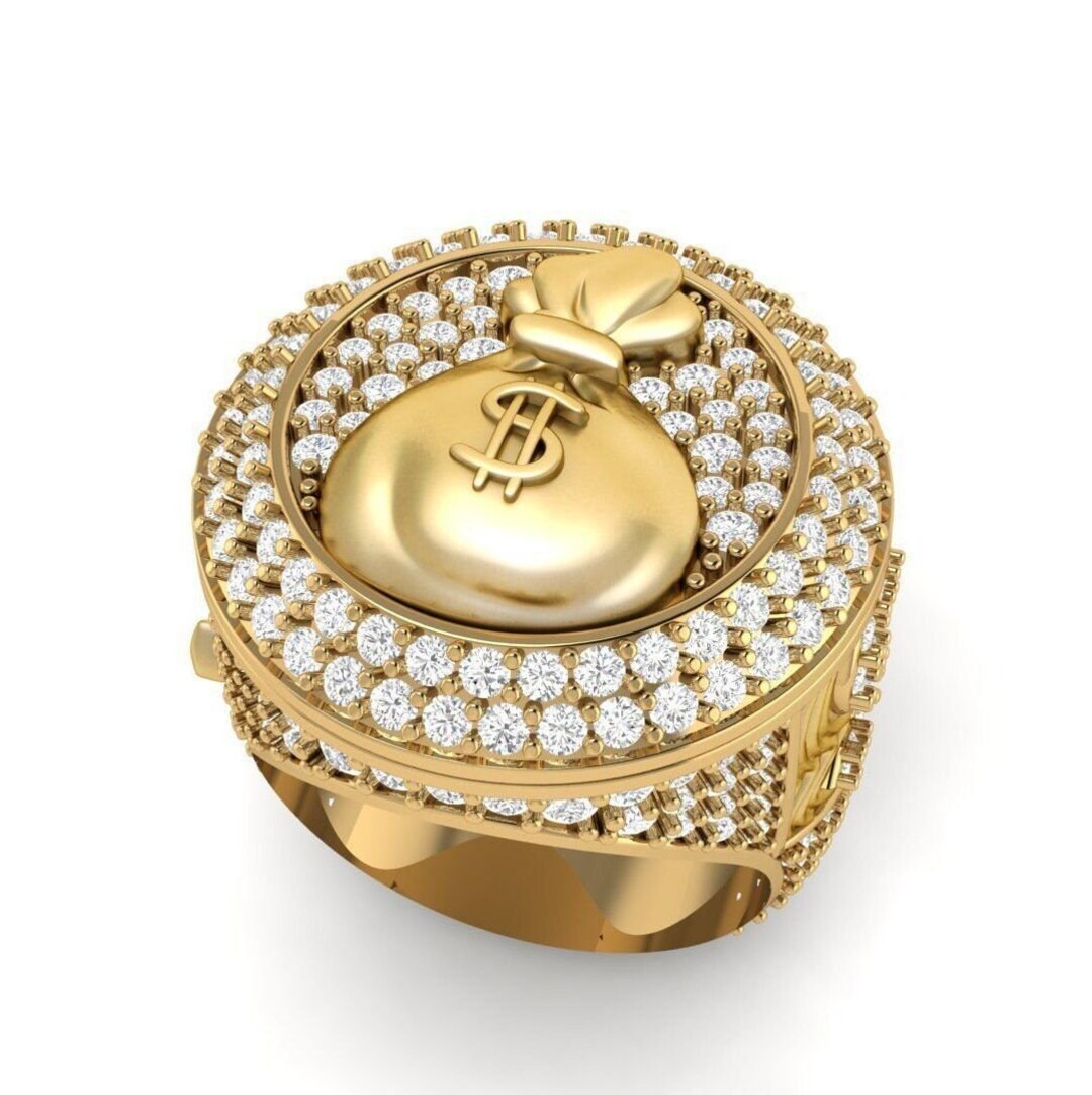 Money Bag Hip Hop Ring, 10K Solid Yellow Gold or Silver Dollar Sign ...
