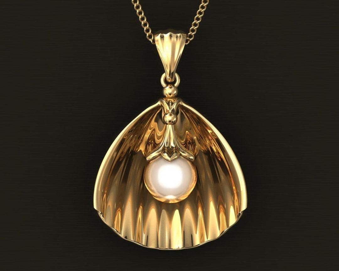 14KT Solid Gold Pearl Seashell Beaded Pendant, Minimalist Clam Shell ...