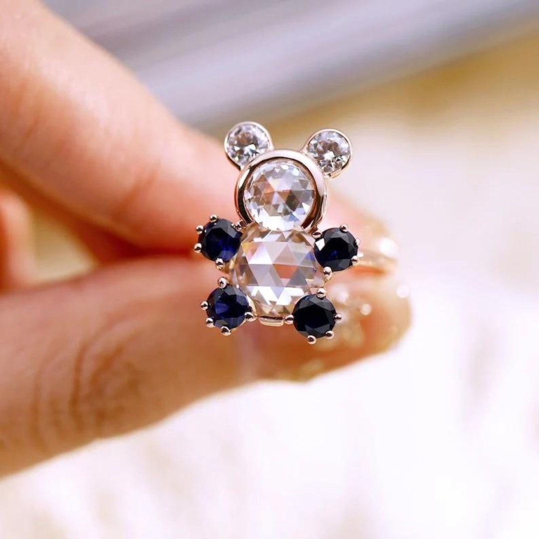 Teddy Bear Shape Sapphire Cluster Ring Exquisite Round Rose Cut Half ...